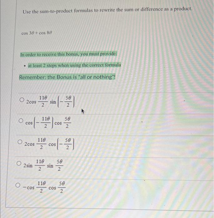 Solved Use the sum-to-product formulas to rewrite the sum or | Chegg.com