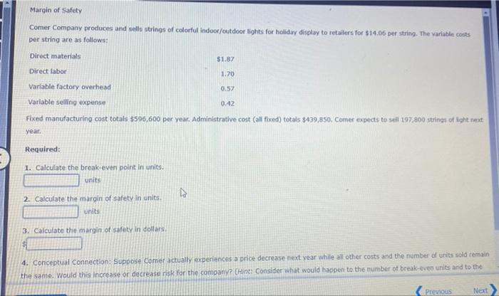 Solved Margin of Safety Comer Company produces and selle | Chegg.com