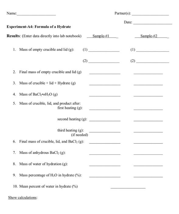 Solved Name: Experiment-A4: Determination of Hydrate | Chegg.com