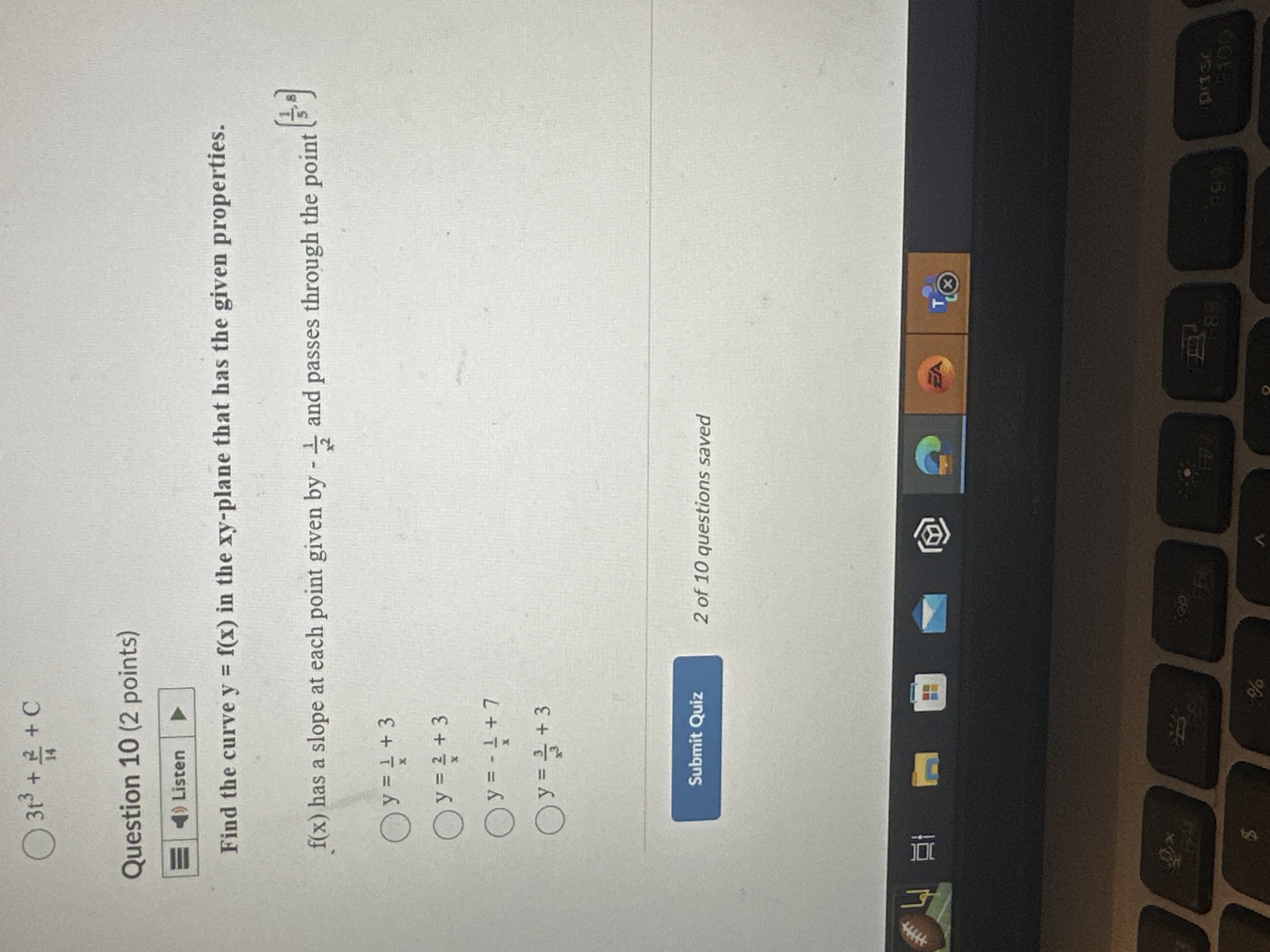 Solved 3t3+2214+CQuestion 10 (2 ﻿points)Find the curve | Chegg.com