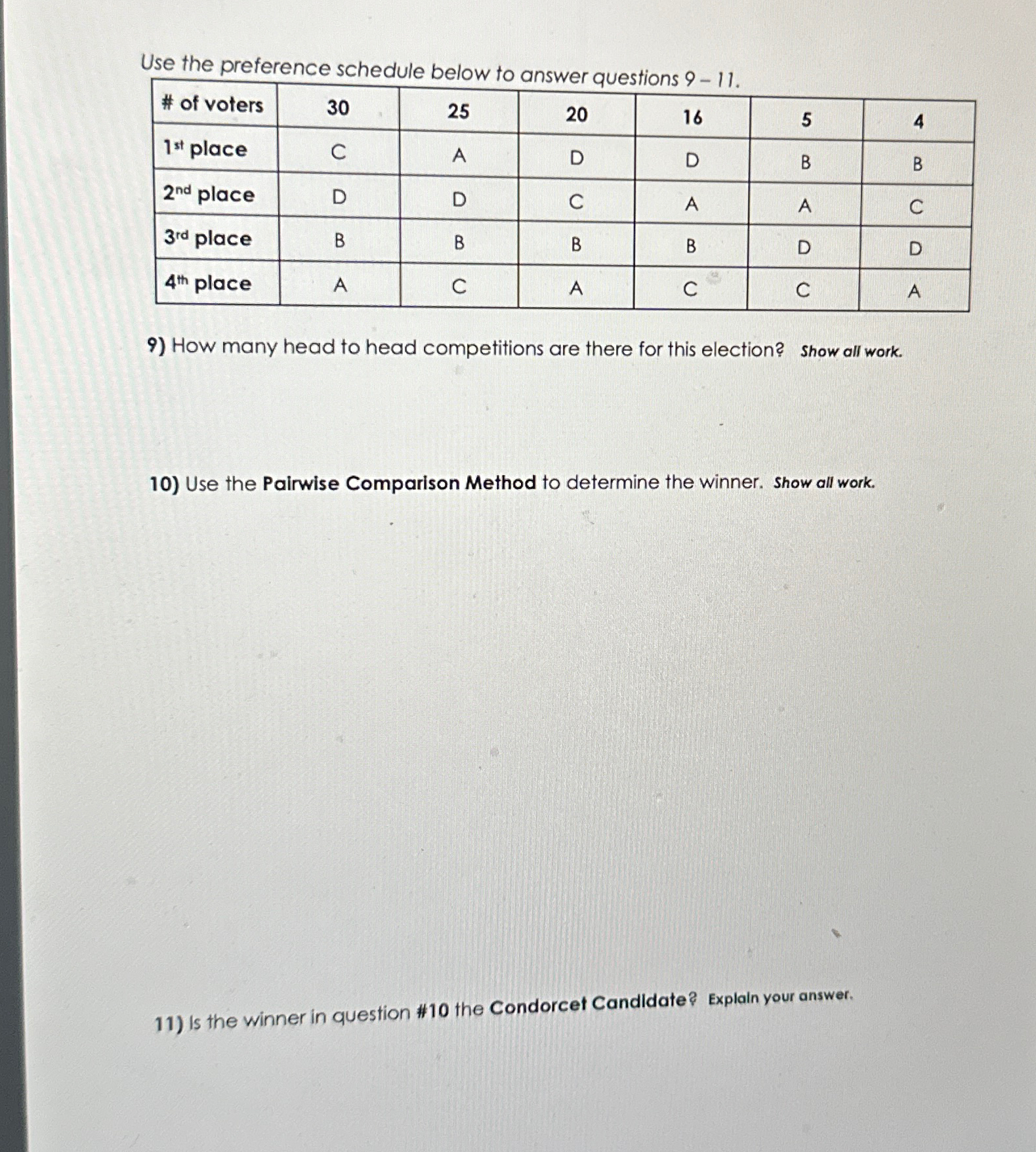 Solved Use the preference schedule below to answer questions | Chegg.com