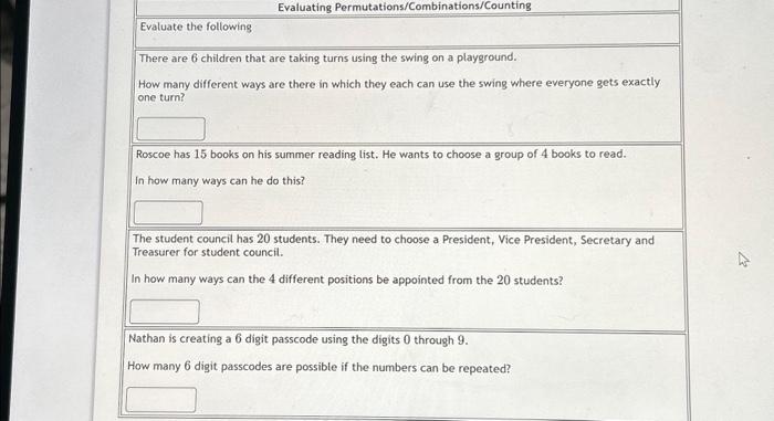 Solved Evaluating Permutations/Combinations/Counting | Chegg.com