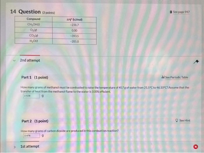Solved 14 Question (2 points) Compound CH₂OH() 0₂(8) CO₂(g) | Chegg.com Solved 14 Question (2 points) Compound CH₂OH() 0₂(8) CO₂(g) | Chegg.com