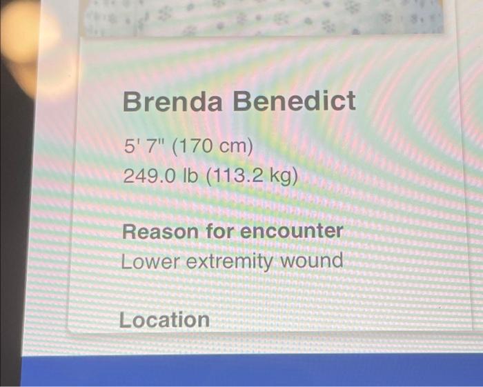 Solved Brenda Benedict 5' 7" (170 cm) 249.0 lb (113.2 kg) | Chegg.com
