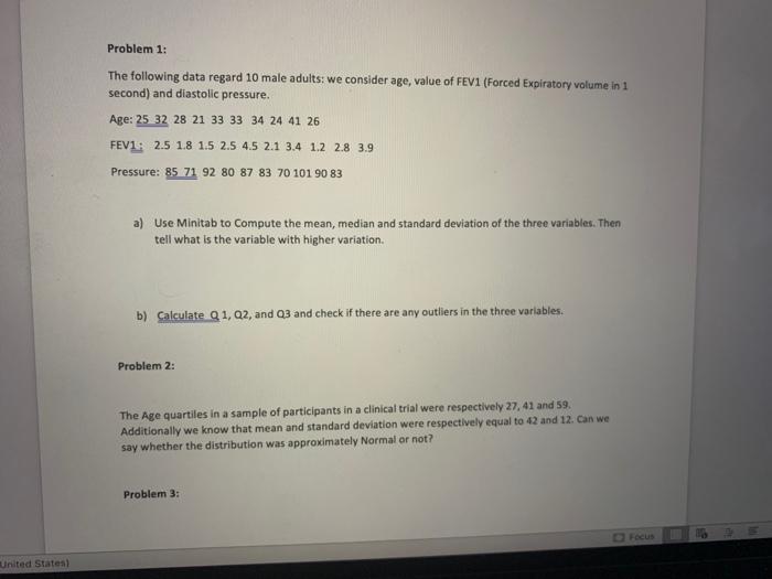 Solved Problem 1: The following data regard 10 male adults: | Chegg.com