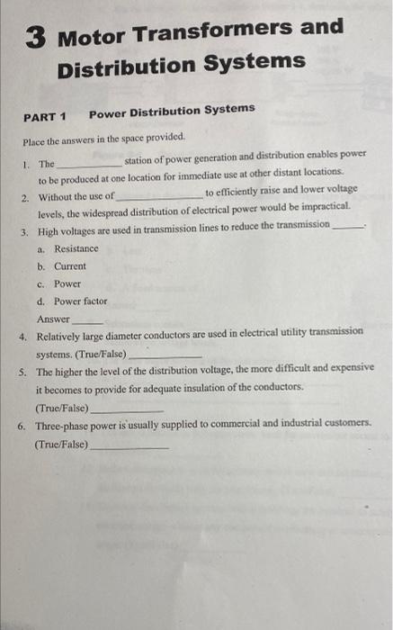 Solved 3 Motor Transformers and Distribution Systems 1. The | Chegg.com
