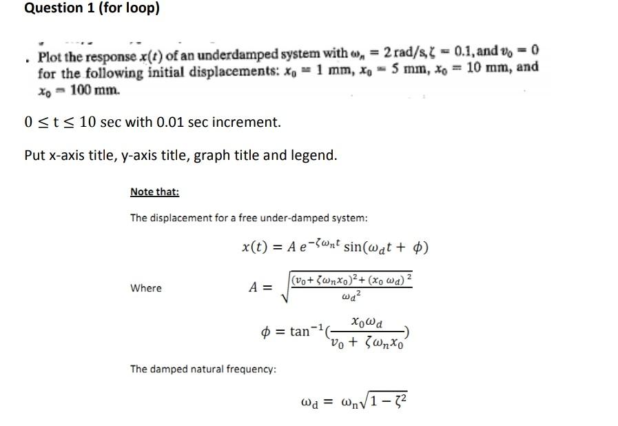 Solved Question 1 (for loop) Plot the response x(t) of an | Chegg.com