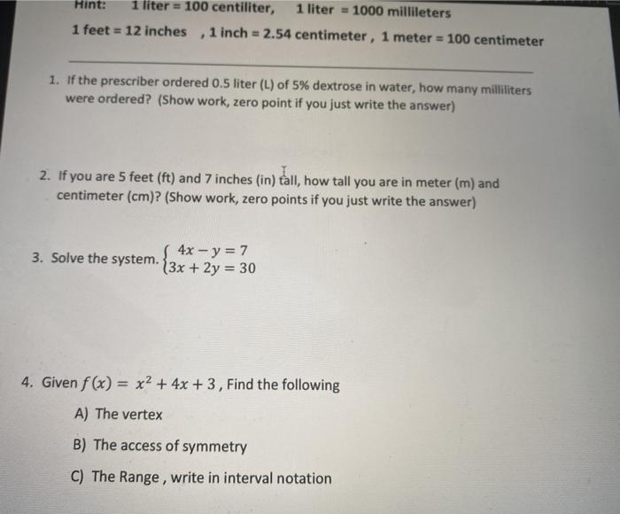 Solved Hint: 1 liter = 100 centiliter, 1 liter = 1000 | Chegg.com