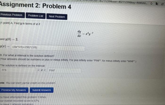Solved (1 point) A. Find y in terms of x it dxdy=x4y−7 | Chegg.com