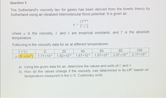 Solved Question 3 The Sutherland's viscosity law for gases | Chegg.com