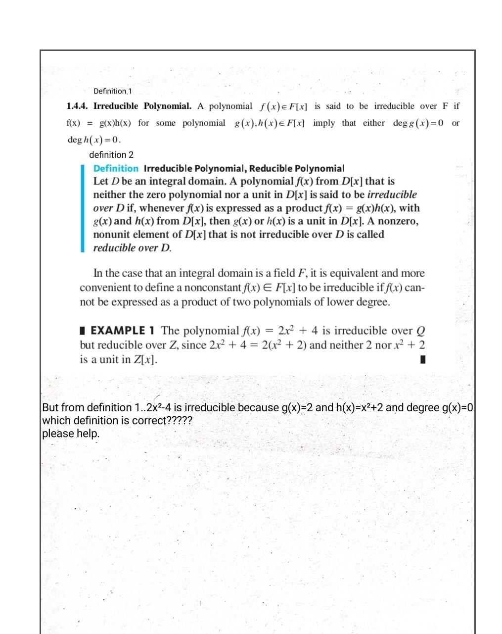 Solved Definition 1 1.4.4. Irreducible Polynomial. A | Chegg.com