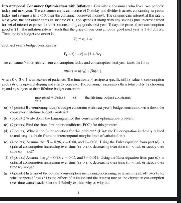 Intertemporal Consumer Optimization with Inflation: | Chegg.com