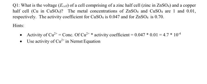 Solved Q1: What is the voltage ( Ecell ) of a cell | Chegg.com
