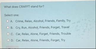 Solved What does CRAFFT stand for?Select one:\geoquad A. | Chegg.com