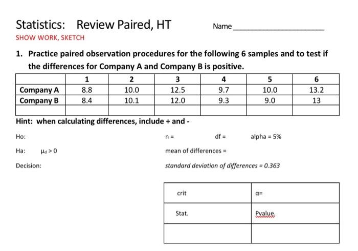 Solved 1. Practice paired observation procedures for the | Chegg.com