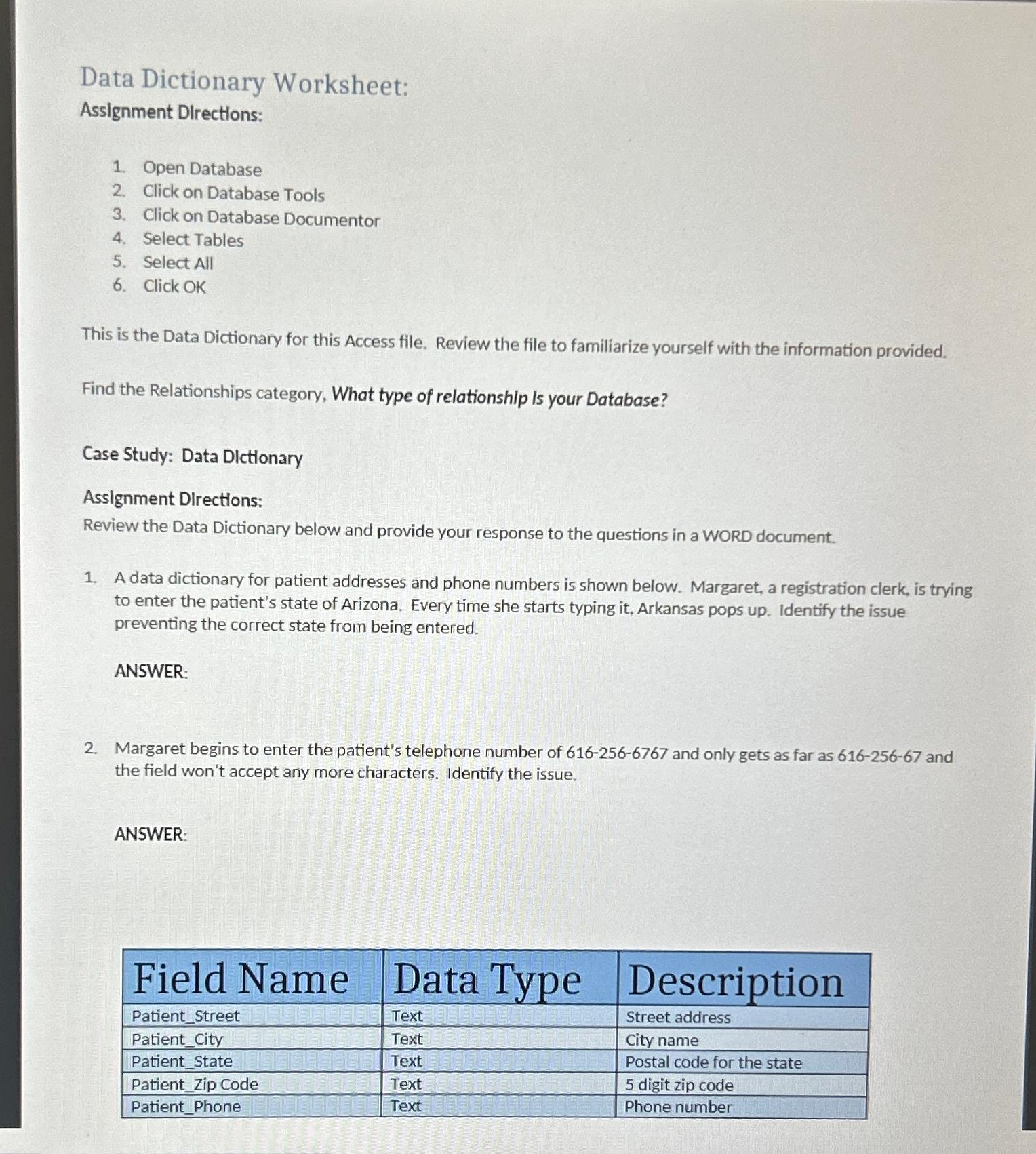 Solved Data Dictionary Worksheet:Assignment Directlons:Open | Chegg.com