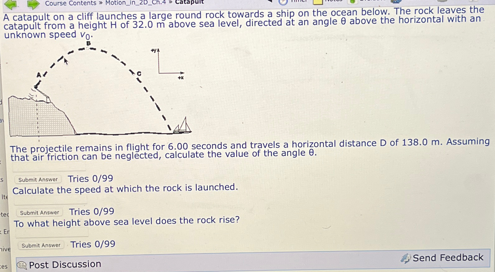 Solved A catapult on a cliff launches a large round rock | Chegg.com