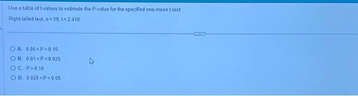 Solved Use a table of t-values to estimate the P-value for | Chegg.com