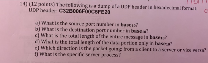 Solved TO 14) (12 points) The following is a dump of a UDP | Chegg.com