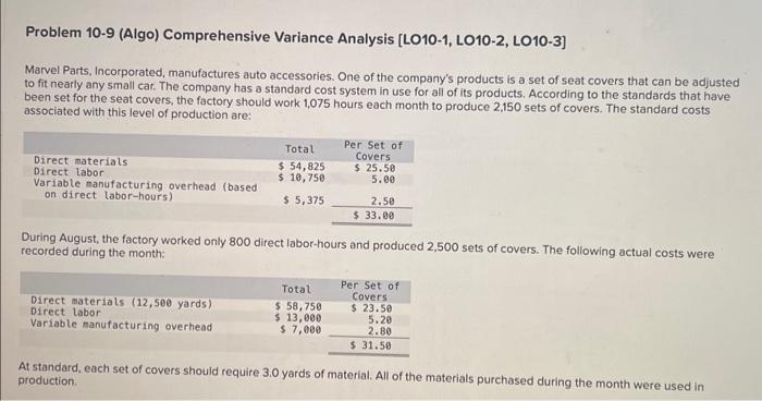 Solved Problem 10-9 (Algo) Comprehensive Variance Analysis | Chegg.com