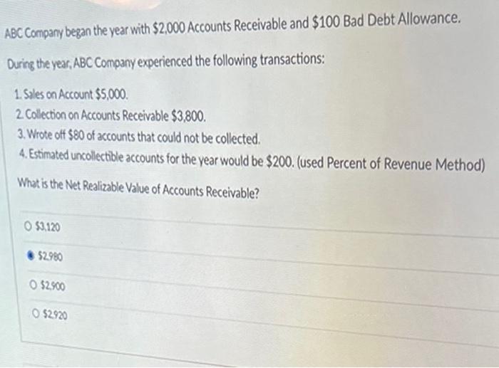 Solved ABC Company began the year with $2,000 Accounts | Chegg.com