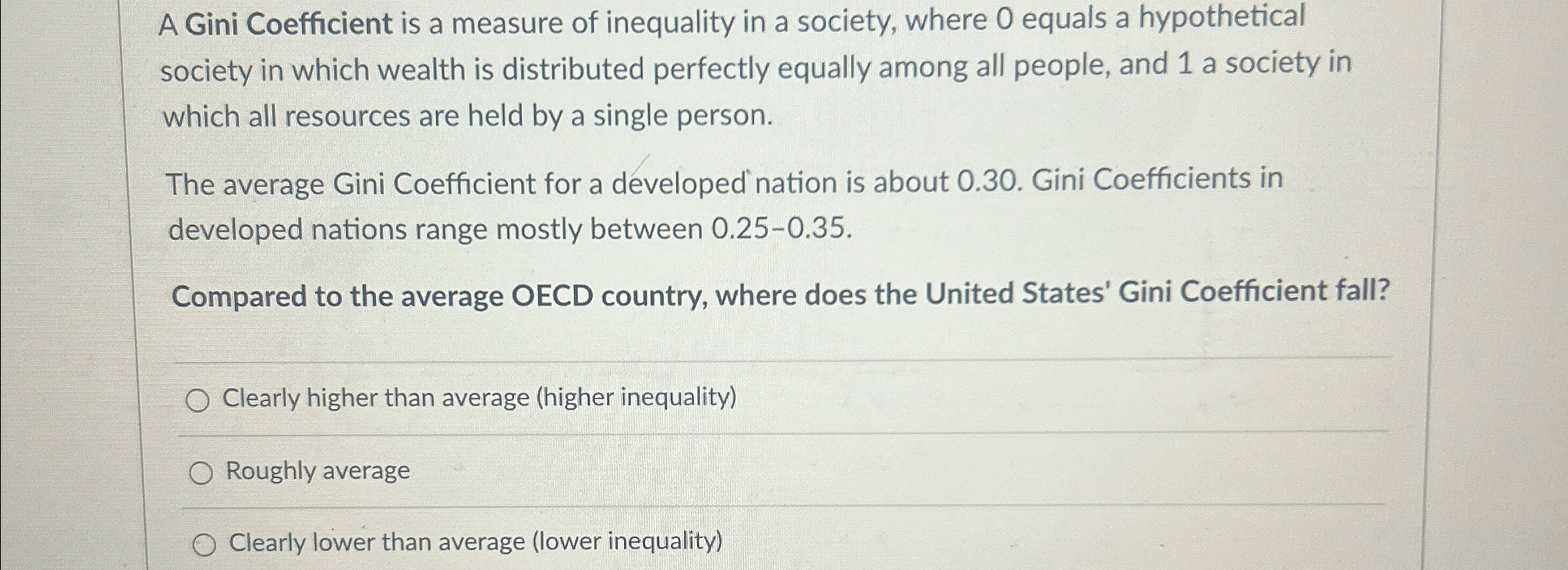 Solved A Gini Coefficient Is A Measure Of Inequality In A