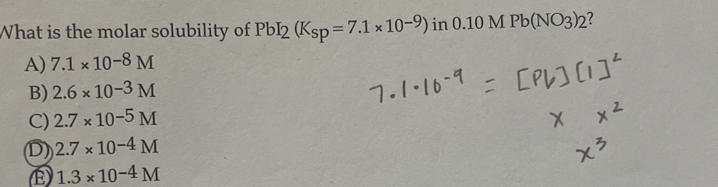 Solved What is the molar solubility of )=(7.1×10-9 ﻿in | Chegg.com