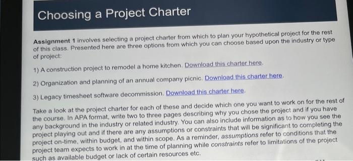Solved Assignment 1 involves selecting a project charter | Chegg.com