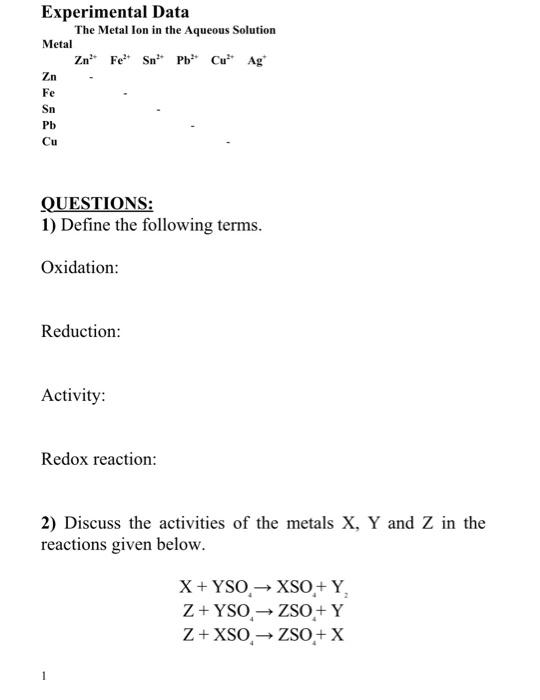 Solved Experimental Data The Metal Ion in the Aqueous | Chegg.com