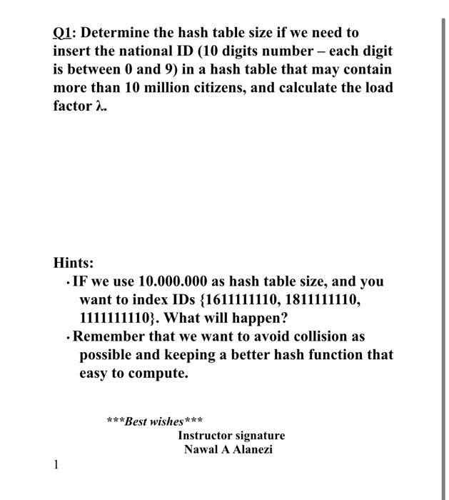 Solved Q1: Determine the hash table size if we need to | Chegg.com