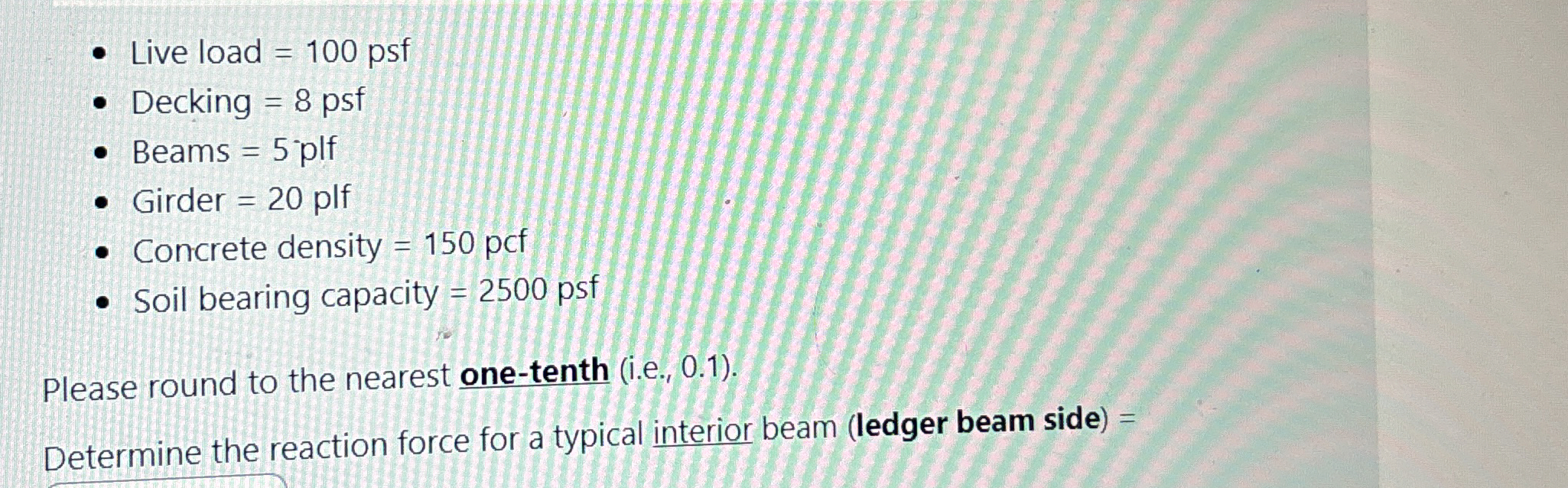 Solved Live load =100 ﻿psfDecking =8psfBeams =5-plfGirder | Chegg.com