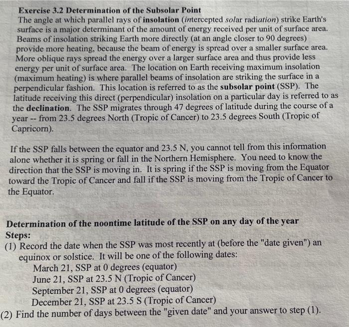 Solved Exercise 3.2 Determination of the Subsolar Point The | Chegg.com