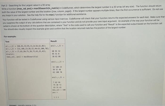 Solved Part 3 - Searching for the Largest vahue in a 3D | Chegg.com