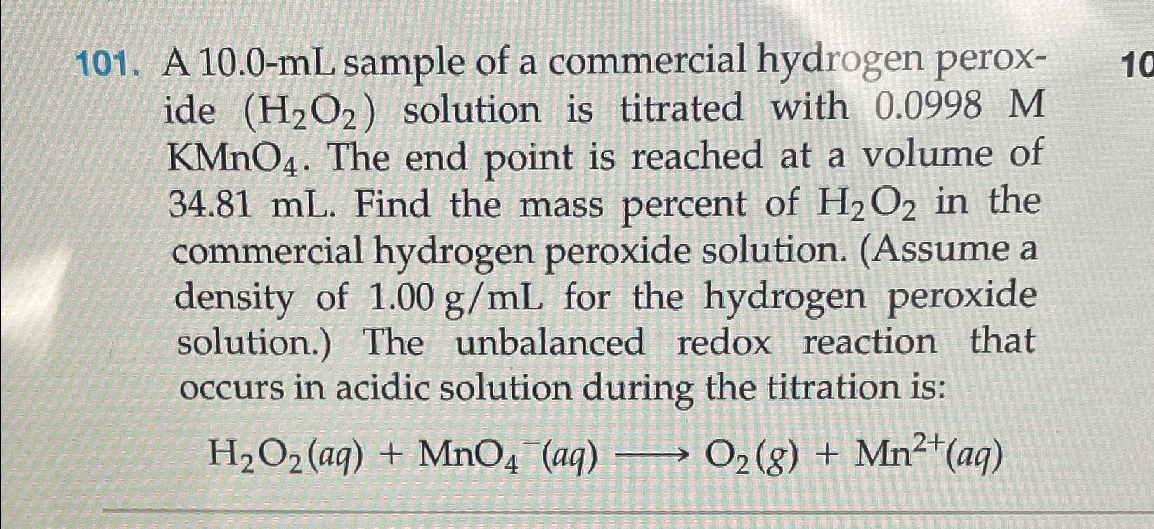 Solved A 10.0-mL sample of a commercial hydrogen peroxide | Chegg.com