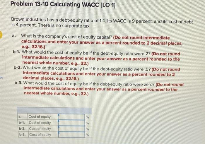 Solved Problem 13-10 Calculating WACC [LO 1] Brown | Chegg.com