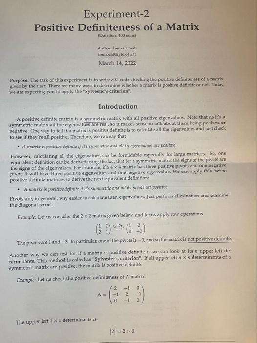 Solved Experiment-2 Positive Definiteness of a Matrix | Chegg.com