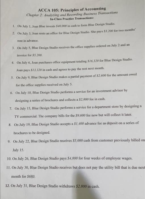 Solved ACCA 105: Principles of Accounting Chapter 2: | Chegg.com