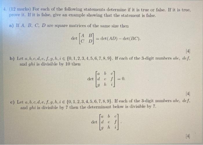Solved 4. (12 marks) For each of the following statements | Chegg.com