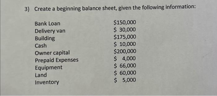 Solved 3) Create a beginning balance sheet, given the | Chegg.com