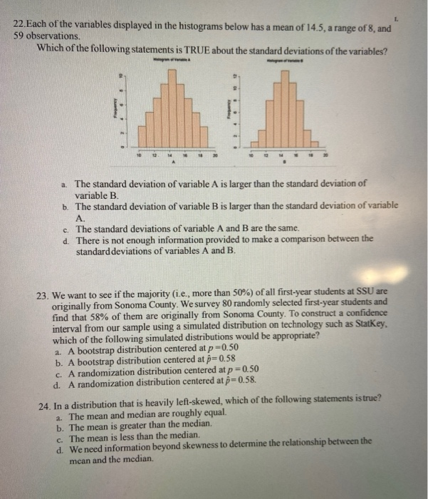 Solved 22.Each of the variables displayed in the histograms | Chegg.com