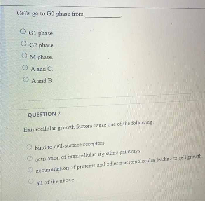 Solved Cells go to GO phase from O G1 phase. O G2 phase. O M | Chegg.com