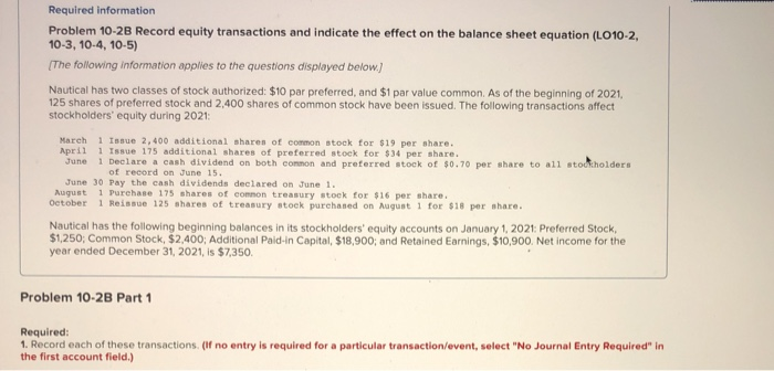 Solved Required information Problem 10-2B Record equity | Chegg.com