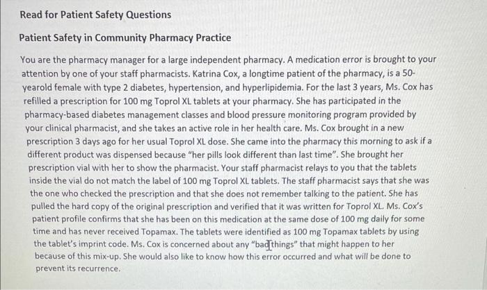 Read for Patient Safety Questions Patient Safety in | Chegg.com