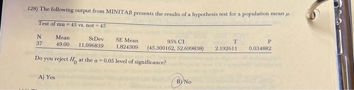 Solved 128) The following output from MINITAB presents the | Chegg.com