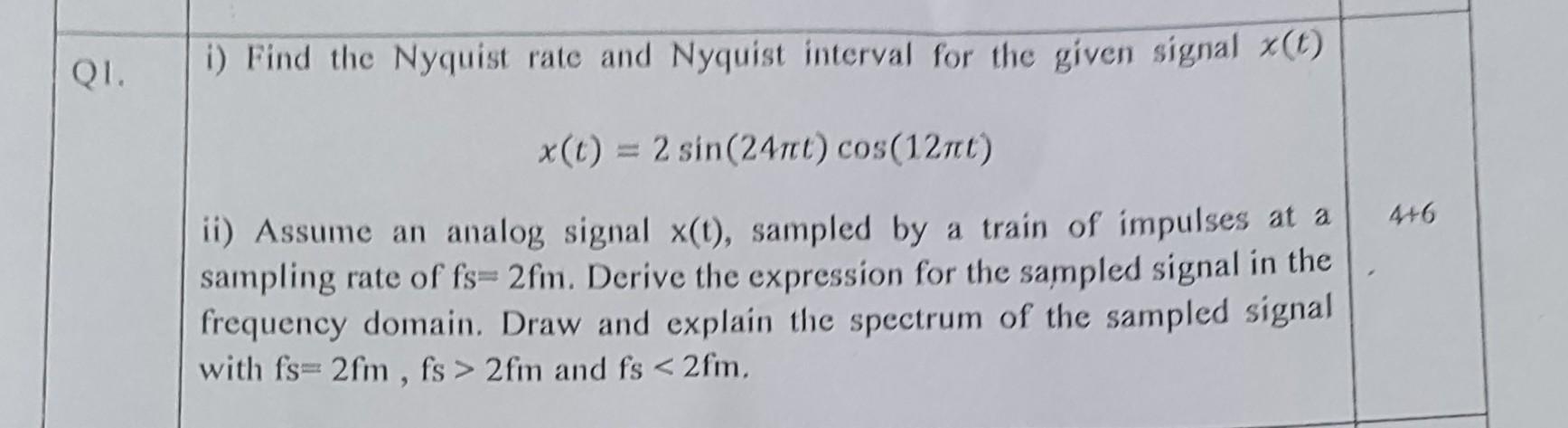 Solved i) Find the Nyquist rate and Nyquist interval for the | Chegg.com