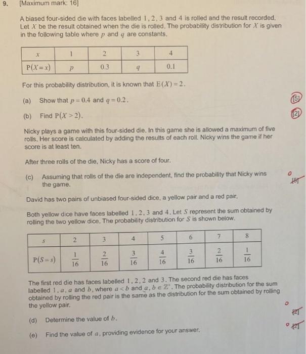 Solved A biased four-sided die with faces labelled 1,2,3 and | Chegg.com