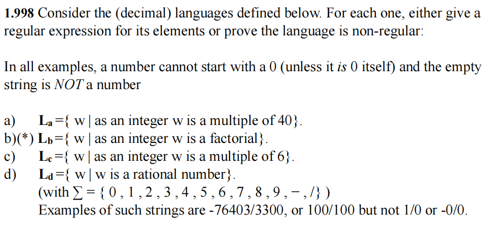Solved 1.998 ﻿Consider the (decimal) ﻿languages defined | Chegg.com