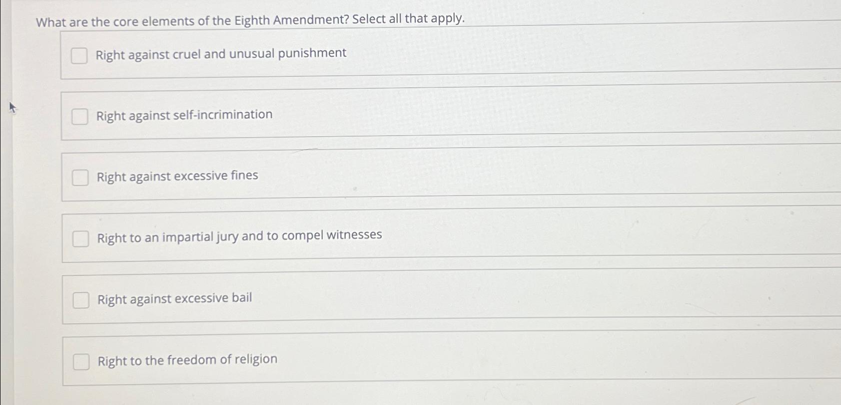 Solved What are the core elements of the Eighth Amendment? | Chegg.com