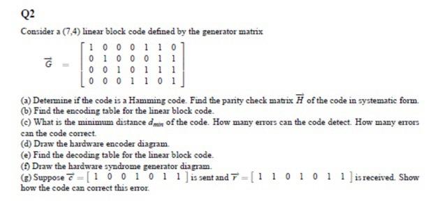 Solved 10 Q2 Consider a (7,4) linear block code defined by | Chegg.com