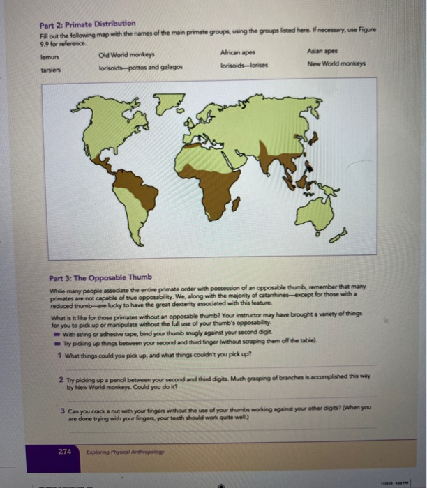 Part 2: Primate Distribution Fill out the following | Chegg.com